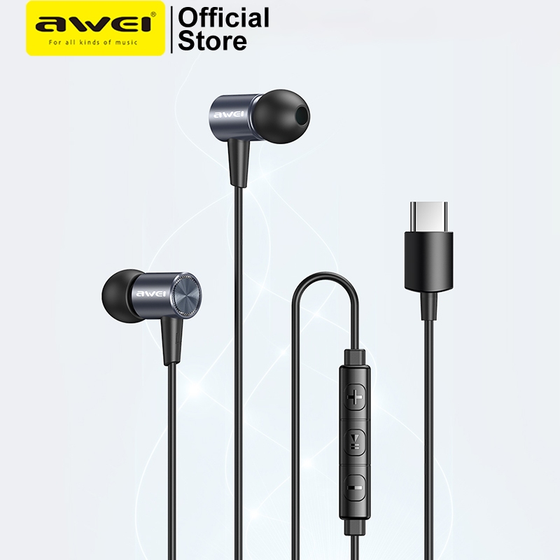 Awei TC-2 Type C Plug Wired Earphones Bass Sound Earphone In-Ear Sport ...