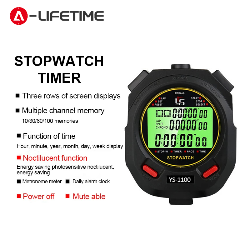 Digital Sports Stopwatch Timer 10/30/60/100 Tracks Luminous Stopwatch ...