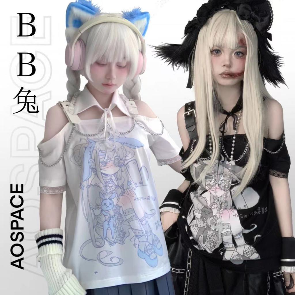 Japanese Subculture Clothing Y2k Punk One shoulder Anime Girl Cartoon T ...