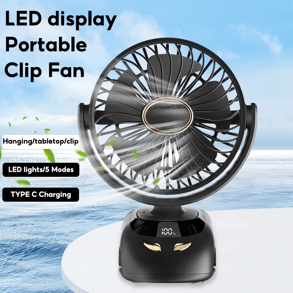 5 Modes rechargeable mini fan clip fan LED digital desktop fan C-type ...