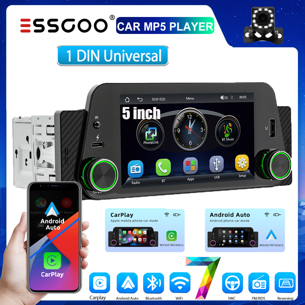 ESSGOO Universal Wireless Carplay Android Auto 1 Din 5" Car Player Multimedia MP5 Player Support ...