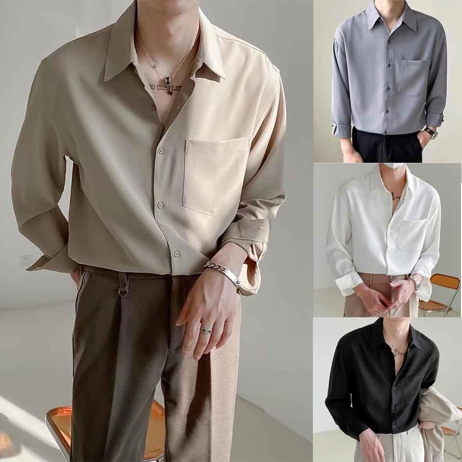 【M-2XL】Korean Style Long Sleeve Polo Pocket Shirt Men kemeja lengan ...
