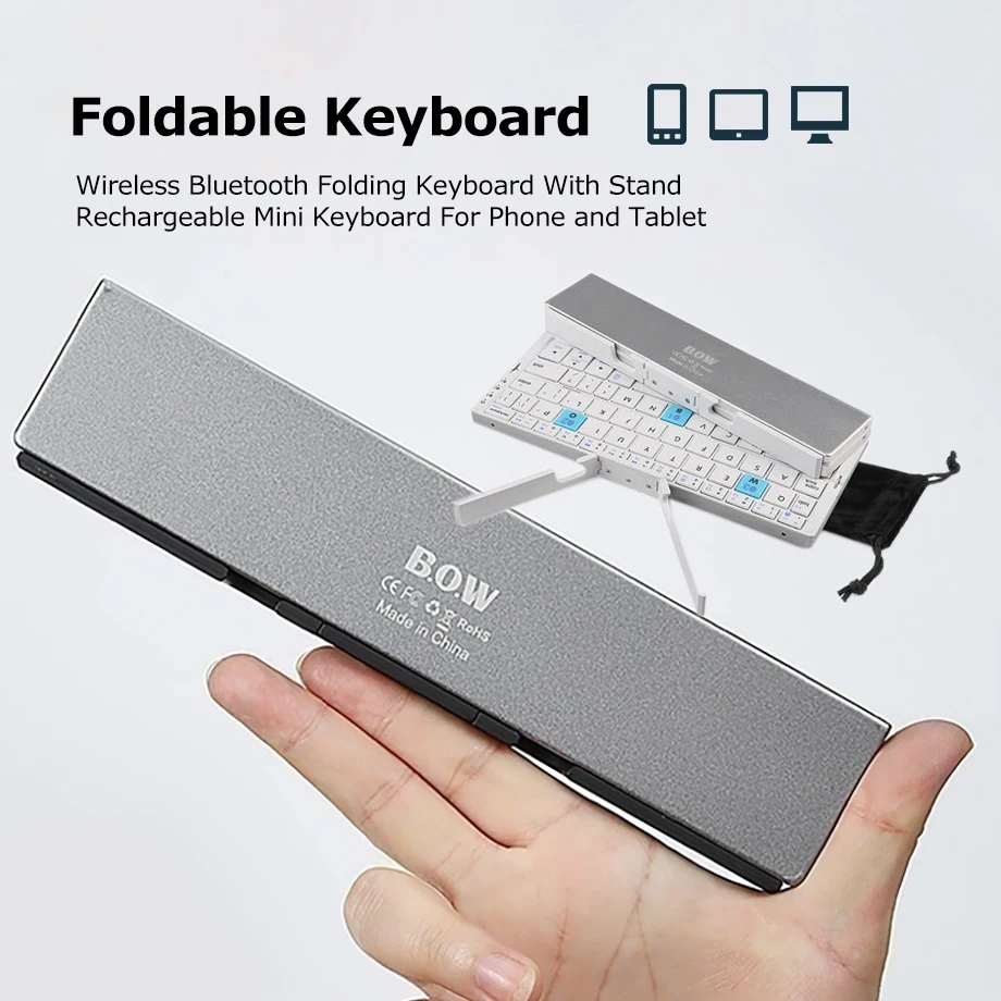 Bow Mini Folding Bluetooth Keyboard Wireless Keypad Support3 Devices With Stand Rechargeable