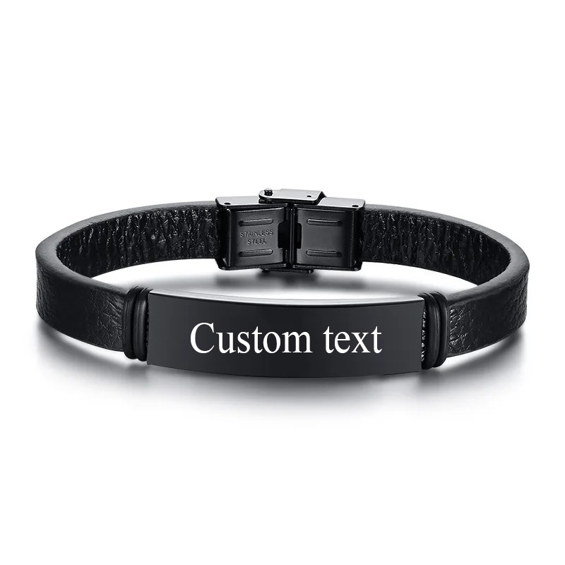 Custom Text Logo Engrave Name Men Leather Bracelet customize Stainless ...
