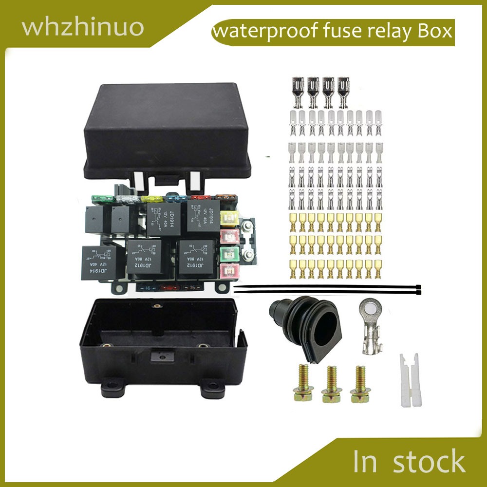 Waterproof fuse relay box with 7 relays, 9 blade fuses (3 spares) and 4 ...