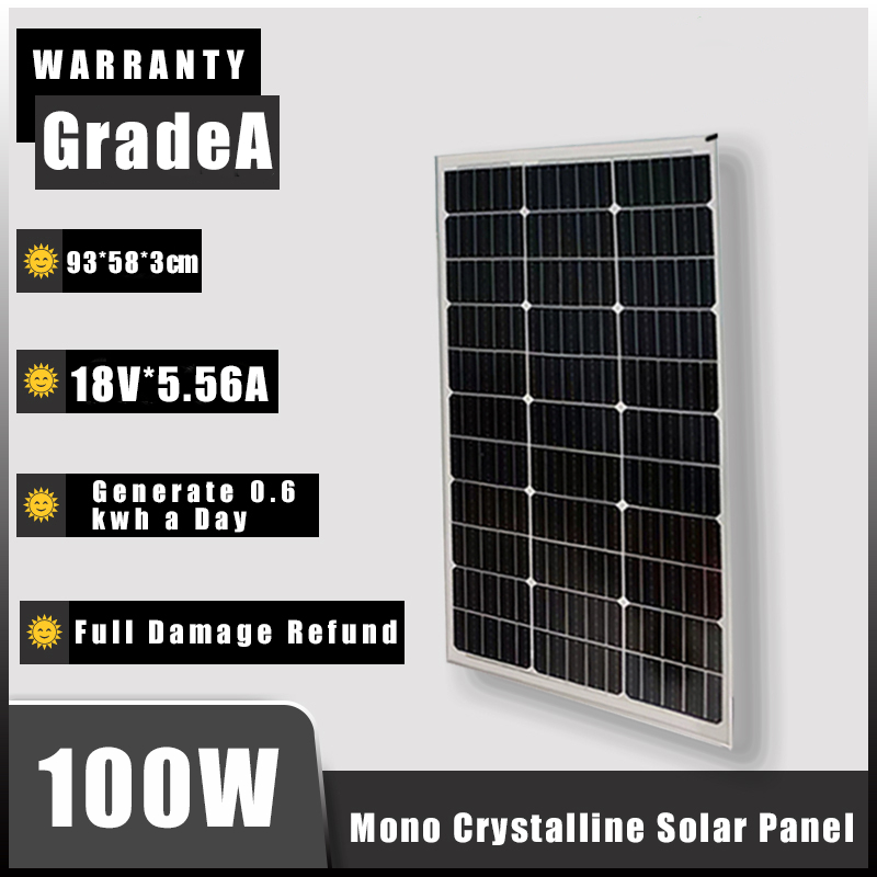 【Grade A+】 Solar Panel 100w Monocrystalline 18V Solar Panel 100watt IP67 Waterproof FULL POWER ...