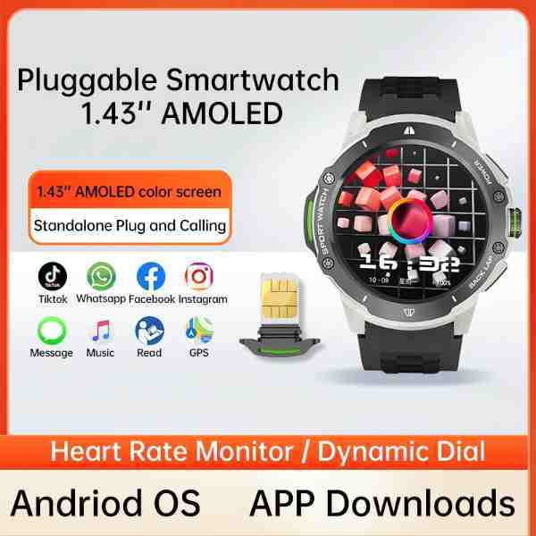 NEW KB08 Smart Watch 4G Network SIM Card 1.43''AMOLED 200W Camera with GPS Wifi Google Play ...