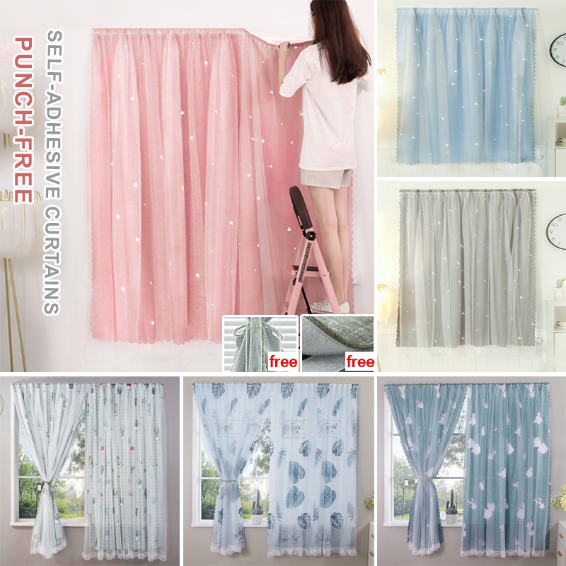 Self-adhesive Punch-Free Curtains Finished Shading Cloth Bay Window ...