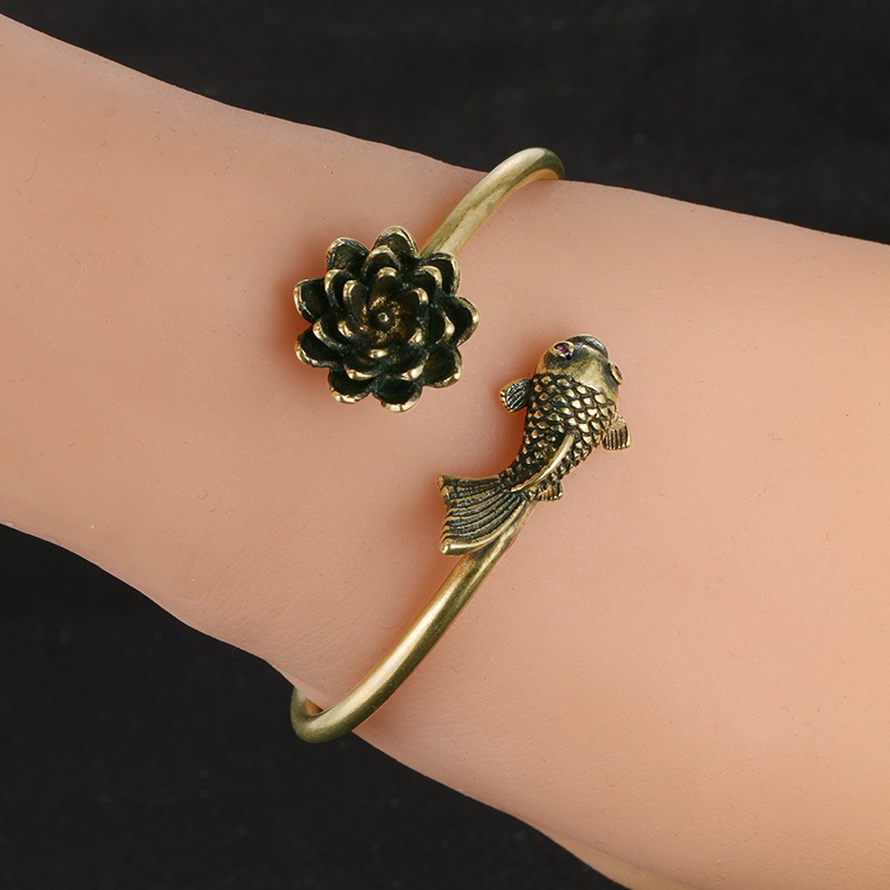 Solid Brass Lotus Red Eyes Goldfish Openable Bangles Women Bracelets ...
