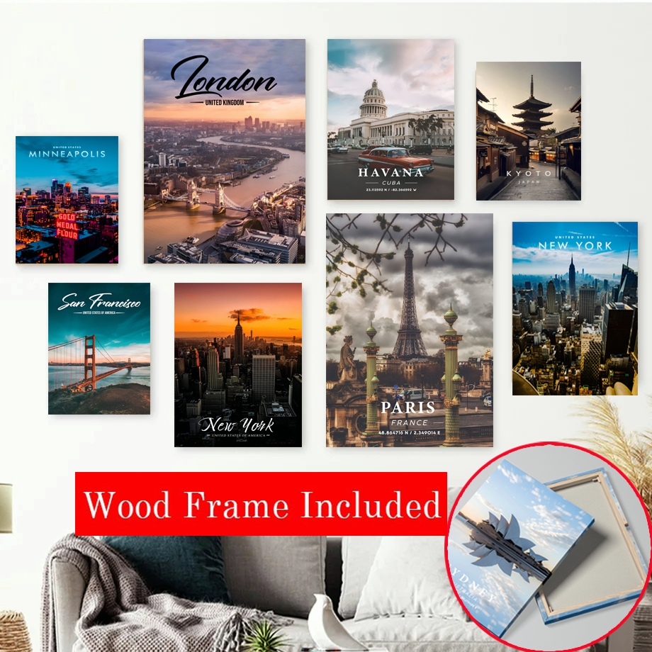 （With Frame）Night City Landscape Poster Famous Architecture Canvas ...