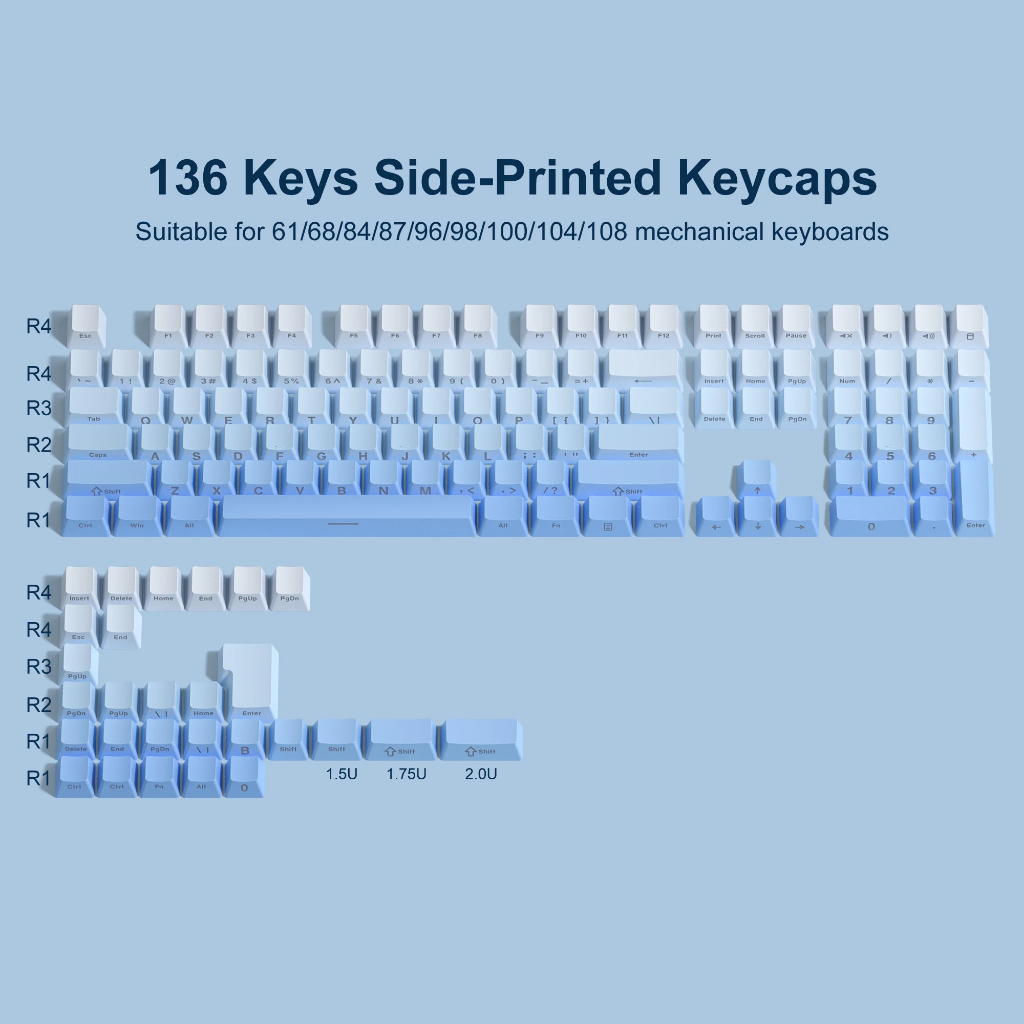 136 Keys Gradient Blue Side-printed Keycaps Double Shot PBT Keycap ...