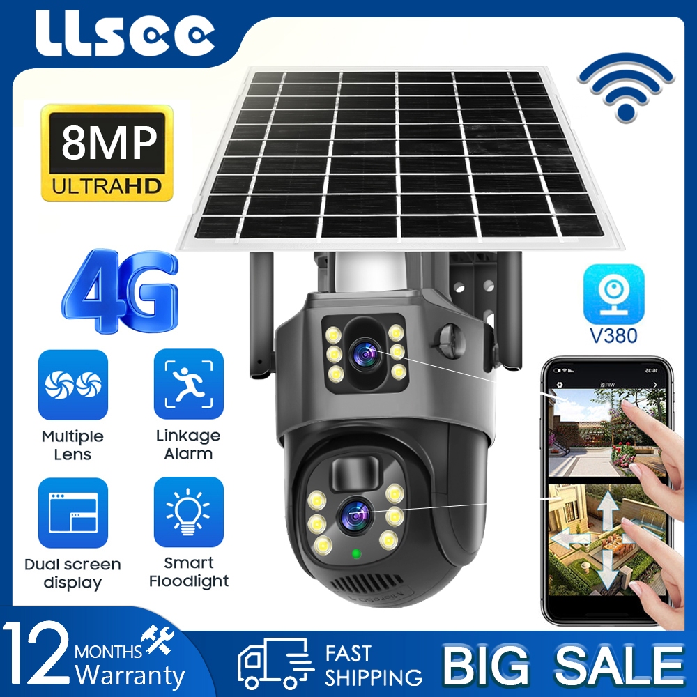 LLSEE V380 Pro Dual Lens 4G SIM Card Solar CCTV Outdoor 8MP 4K Wireless ...