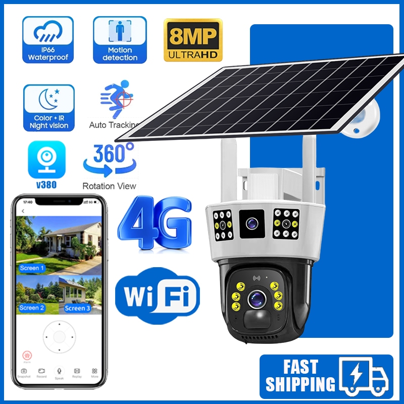 V380 Solar Camera 2-lens 4G Sim Card Wifi IP Wireless CCTV Motion ...