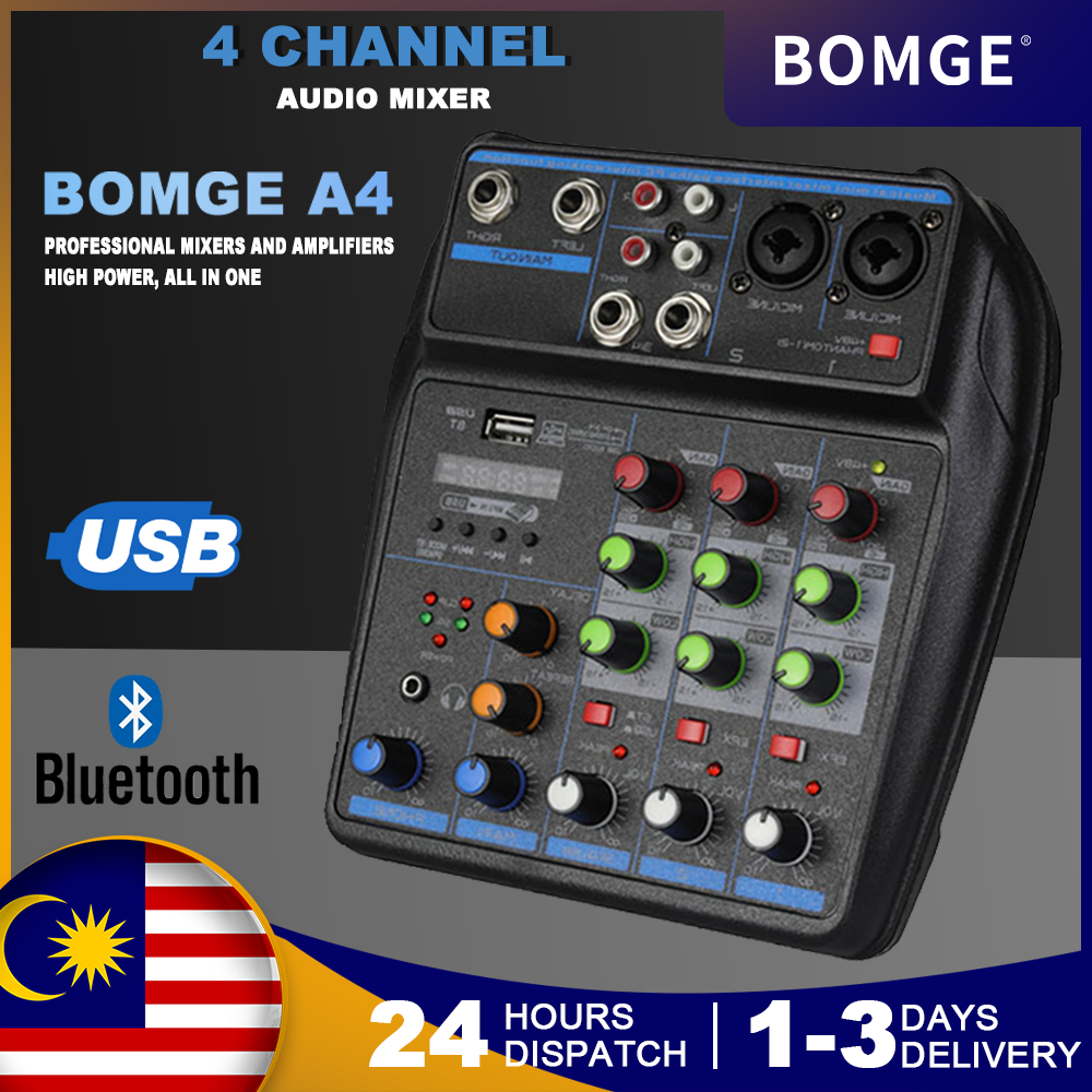 BOMGE 4 Channel Audio Mixer Dj Mixing Console With Bluetooth 48V Phantom Power Monitor Karaoke ...