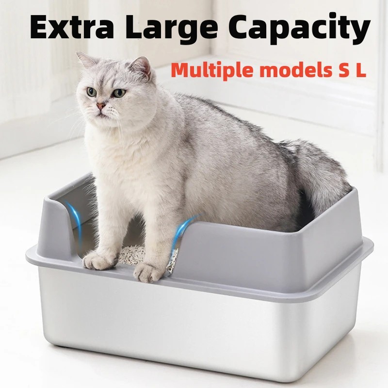 Litter Box Oversized Stainless Steel Open Cat Toilet Anti-Splash Extra ...