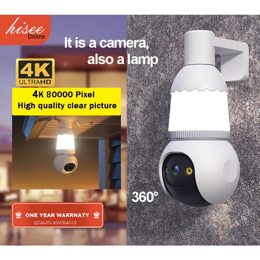 Hisee 4K HD 8MP E27 Wifi Dome light bulb IP Camera Tuya app 4X digital zoom LED & IR Night ...