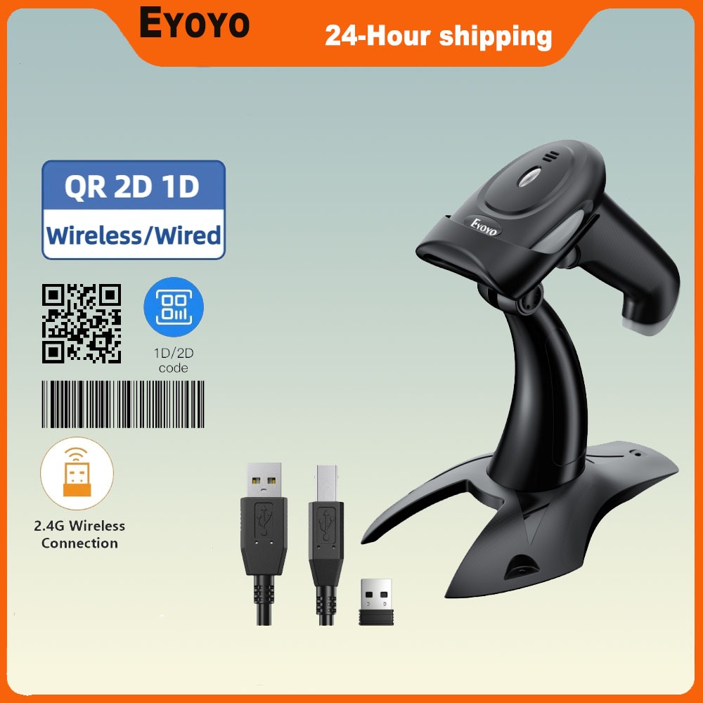 Eyoyo Handheld 1D 2D Wireless Barcode Scanner With Stand QR Code Scan ...