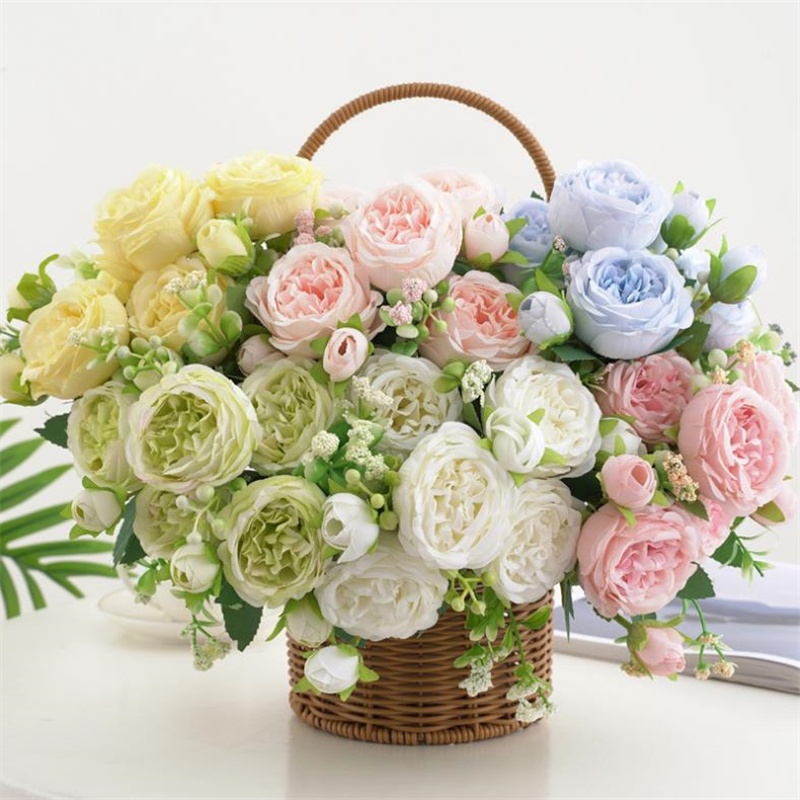 1Pcs Artificial Spring Round Rose Simulation Austin Roses Green Leaf ...