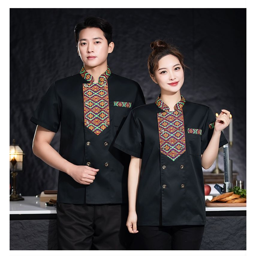 Unisex Chef Uniform Bohemian style Cook Work Clothes Short Sleeve Shirt ...