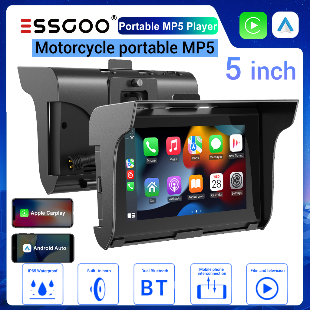 ESSGOO Carplay Android Auto 5" Motorcycle Portable MP5 Player GPS Navigation IP65 Waterproof ...