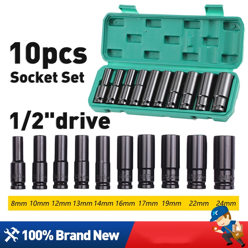 10PCS(8mm - 24mm) /14PCS(3/16inch-12mm) Long Impact Socket Set Black ...