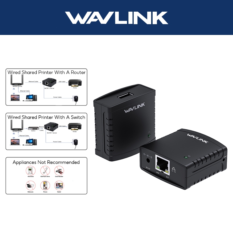 WAVLINK USB2.0 Wireless Print Server Wifi With LAN Print Share Server for USB Printers Print ...