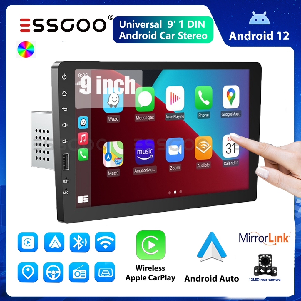 ESSGOO Universal Android Car Stereo Player Head unit 1 Din 9 inch carplay&android auto MP5 ...