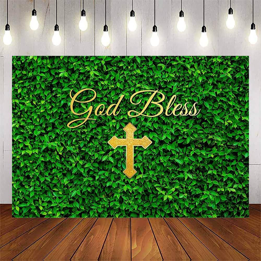 God Bless Christening Photography Backdrop Green Leaves Photo ...