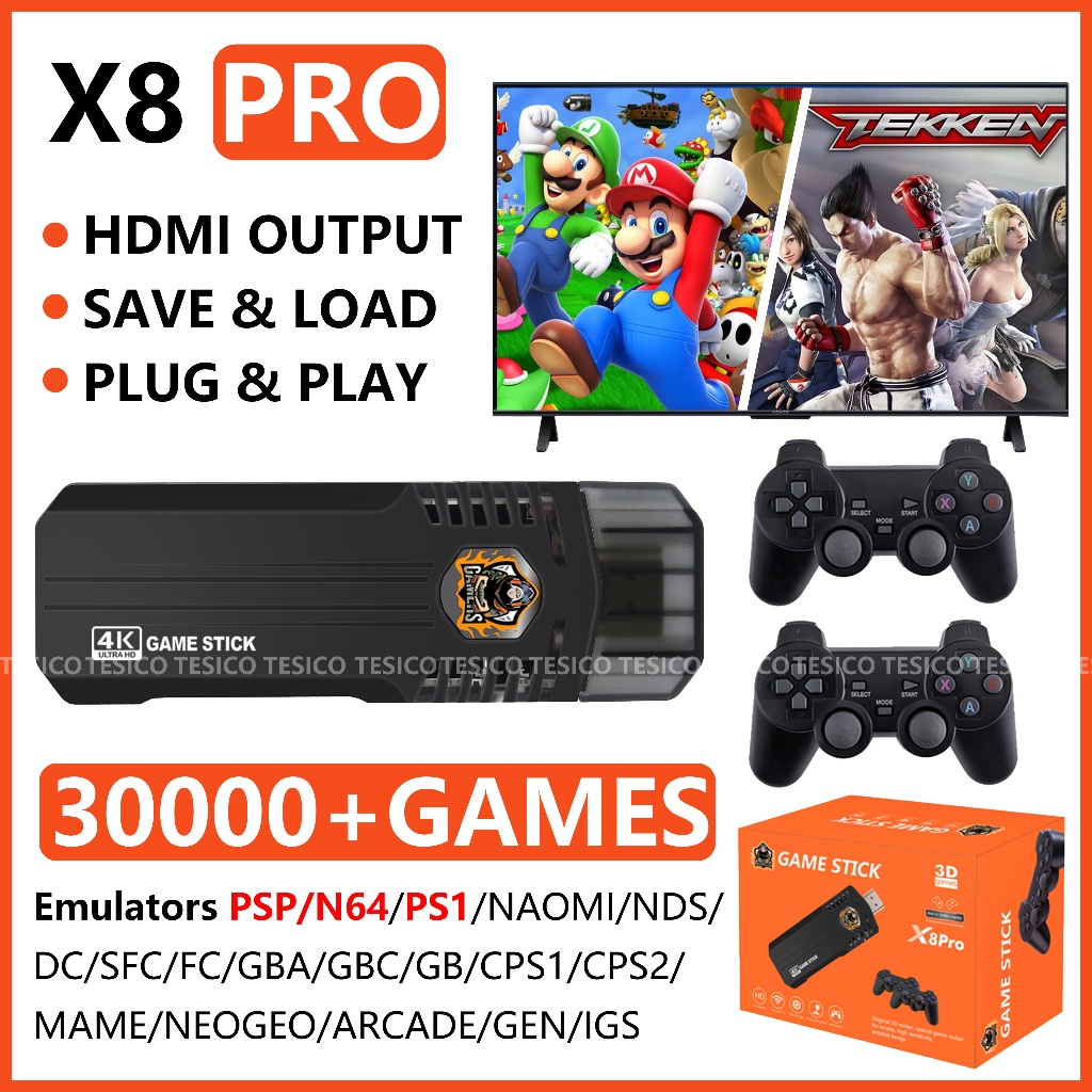 2024 X8PRO Game Stick 4K Mini box Classic 30000 Games 64GB HD Output ...