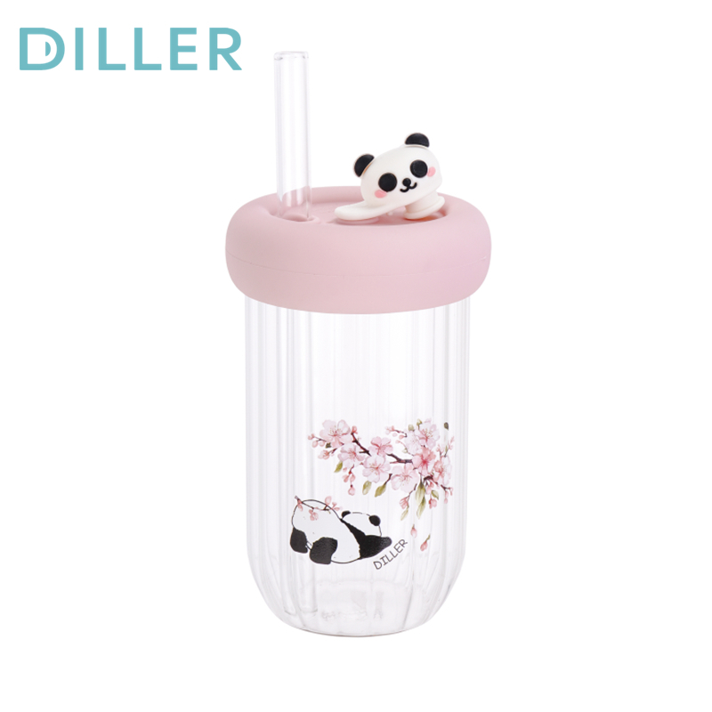 Diller Glass Bottle with Straw Sakura Panda Borosilicate Glass Juice ...