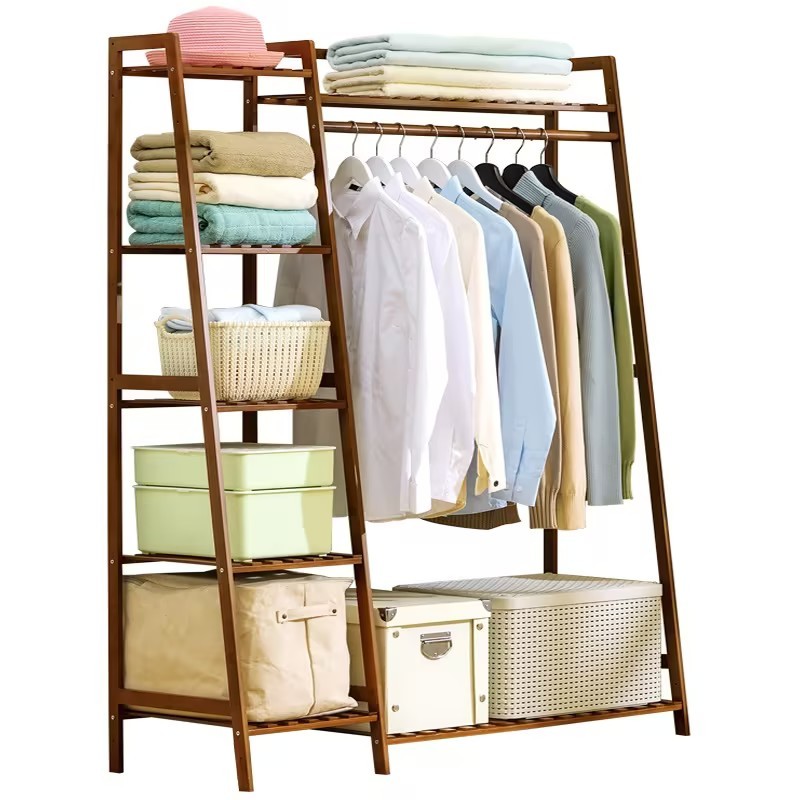 Bamboo Clothes Rack with Shelves – Open Wardrobe, Aesthetic Clothing ...
