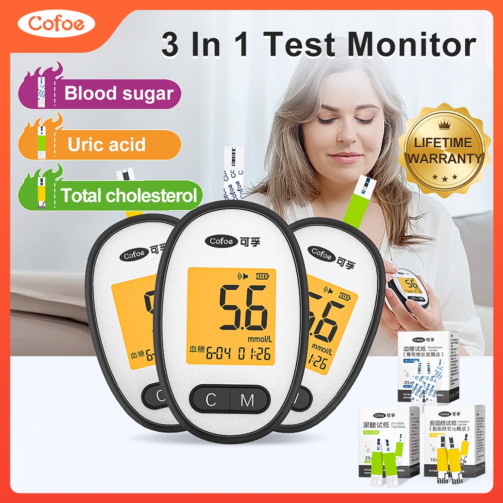 Cofoe 3in1 Multi function Uric Acid Cholesterol Blood Glucose Meter ...