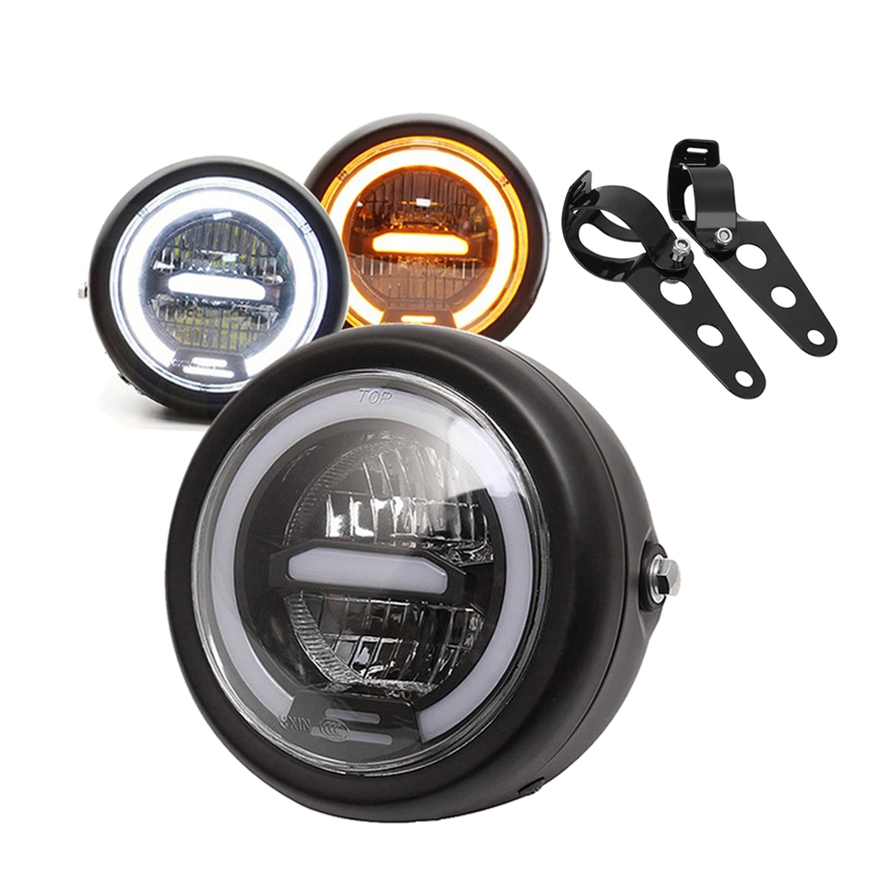 6.5 inch LED Motorcycle Headlight Lamp Cafe Racer Retro Halo DRL Moto ...
