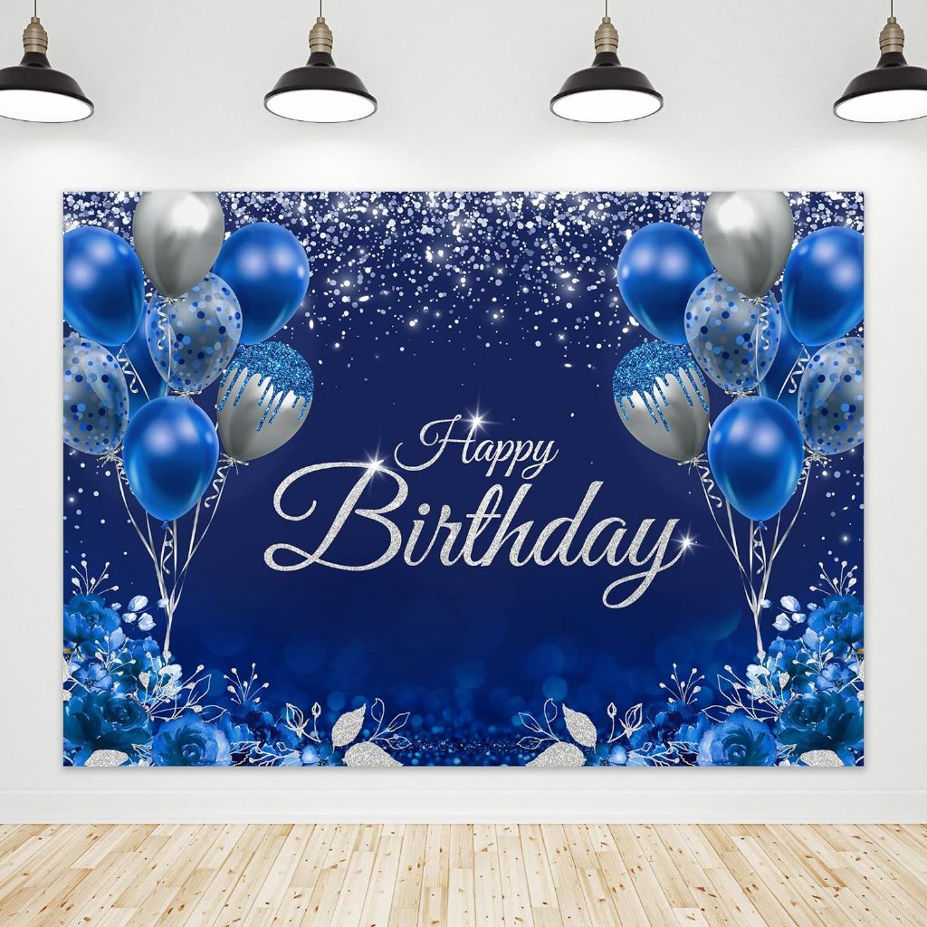 Royal Blue and Silver Balloons Photography Backdrop Navy Happy Birthday 7Wx5H Feet Glitter Bokeh ...