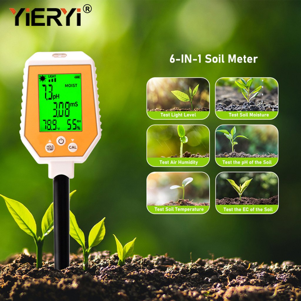 Yieryi Soil pH Meter, 6 in 1 Soil pH Tester/EC/ Sunlight/ Humidity ...
