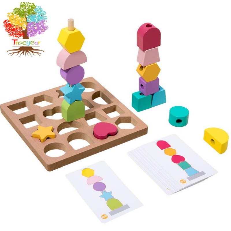 Treeyear Montessori Beads Sequencing Toy Set, Wooden Stacking Blocks ...