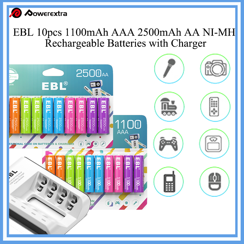 EBL 10pcs 2500mAh AA 1100mAh AAA Ni-MH Rechargeable Battery 1.2V Fast ...