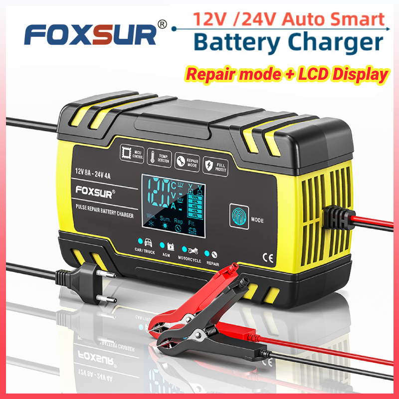 FOXSUR 12V 8A/24V 4A Lorry Car motorcycle 3-stage LCD LCD EFB AGM touch screen lead Acid Pulse ...