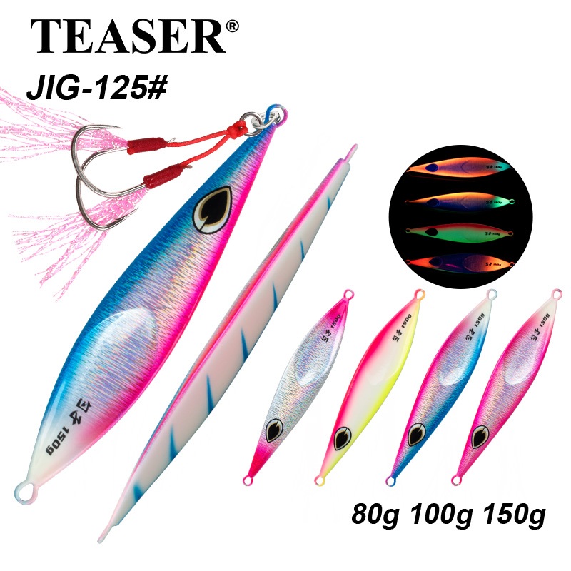 TEASER【J125】Slow Jigging Lure 80g 100g 150g Lead Metal Jigs boat Luminous UV Jigging Lure For ...