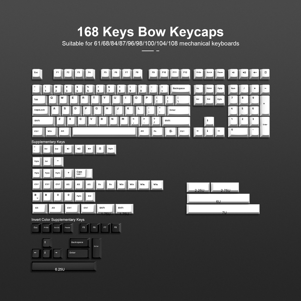 168 Keys BOW Keycaps Double Shot PBT Cherry Profile Keycap, 108 keys+60 ...