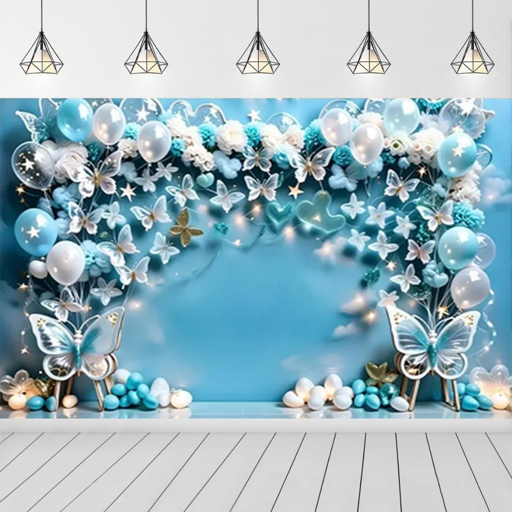 Butterfly Balloon First Birthday Photography Background Blue Flower ...