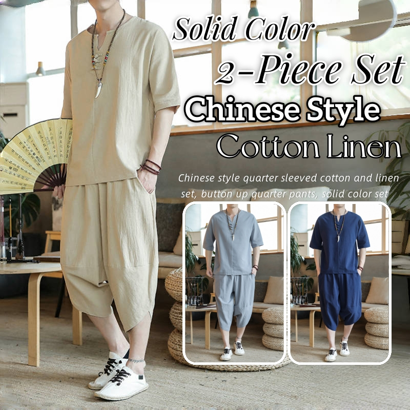 Men Casual outfits 2 Pieces Linen Shirt 1/2 Sleeve Chinese Style ...