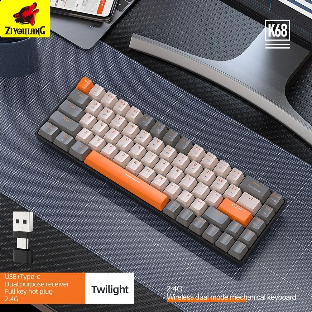 ZIYOULANG K68 2.4G/BT5.0 Wireless Gaming Mechanical Keyboard 68 Keys Hotswap Mini Gaming ...