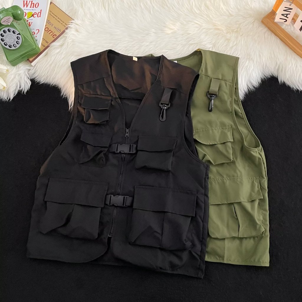 Vest Jacket Multi-Pockets Frock Vest Japanese Street Work Vest Men's ...