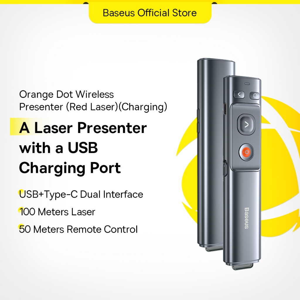 Baseus 2.4GHz USB-A Type-C Orange Dot Wireless Presenter (Red Laser ...