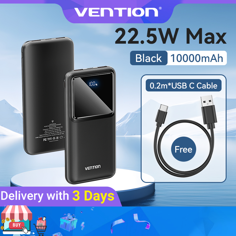 Vention 22.5W Power Bank 30000mAh Free Cable Fast Charging 4ports Type C port USB C Micro usb ...