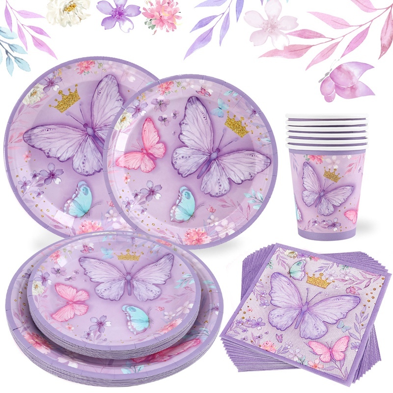 Purple Butterfly Themed Disposable Tableware Set Butterfly Decor ...
