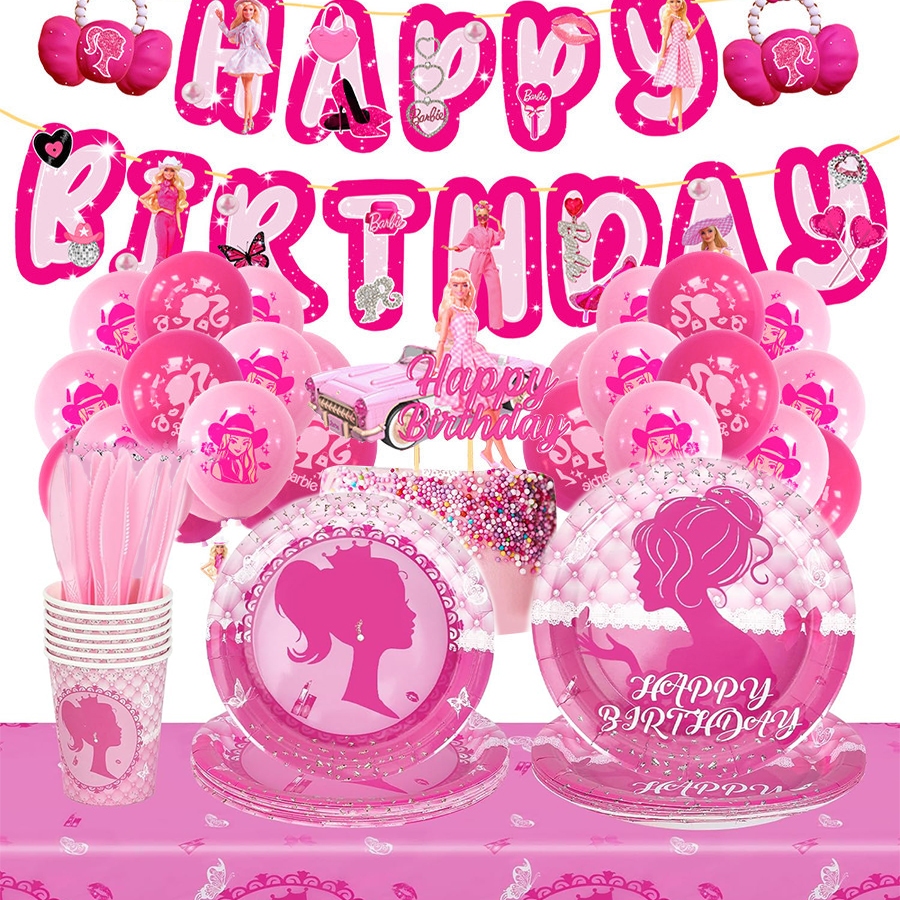 Girl Pink Barbie Paper Dining Plate Cup Napkin Tablecloth Disposable ...