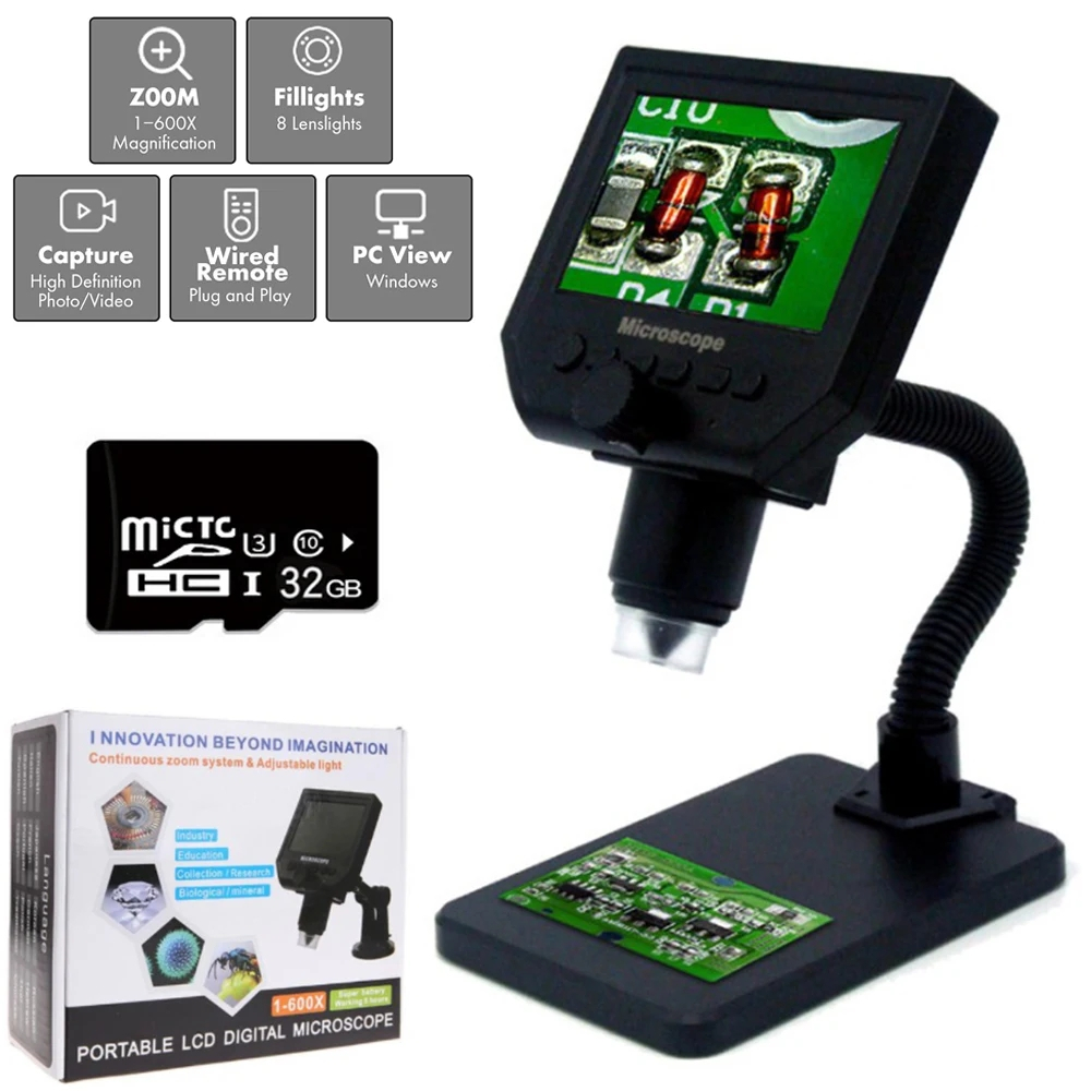 G600 1-600X Digital Microscope 6MP 4.3 Inch HD Color LCD Display ...