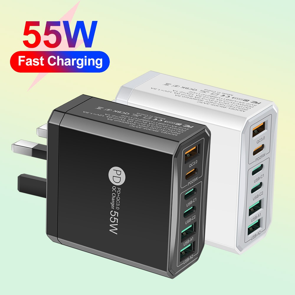 55W 6 Port USB Charger PD Fast Charging Adapter for Samsung Mobile ...